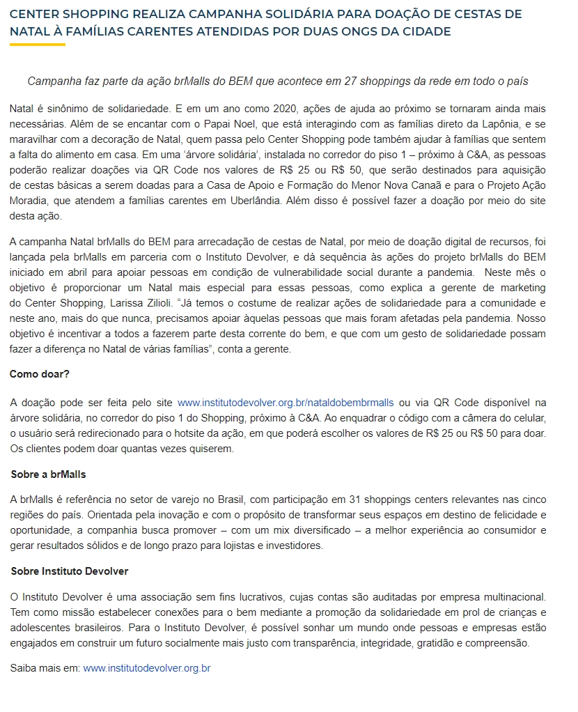 Ga Comunicacao Online Center Shopping Realiza Campanha Solidária
